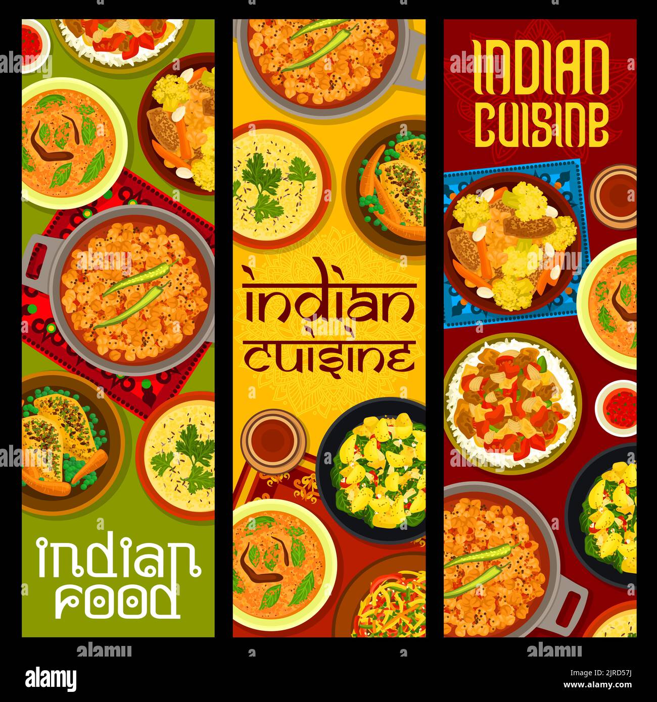 Indian cuisine dishes banners. Eggplant Baingan Bharta, chickpea and ...