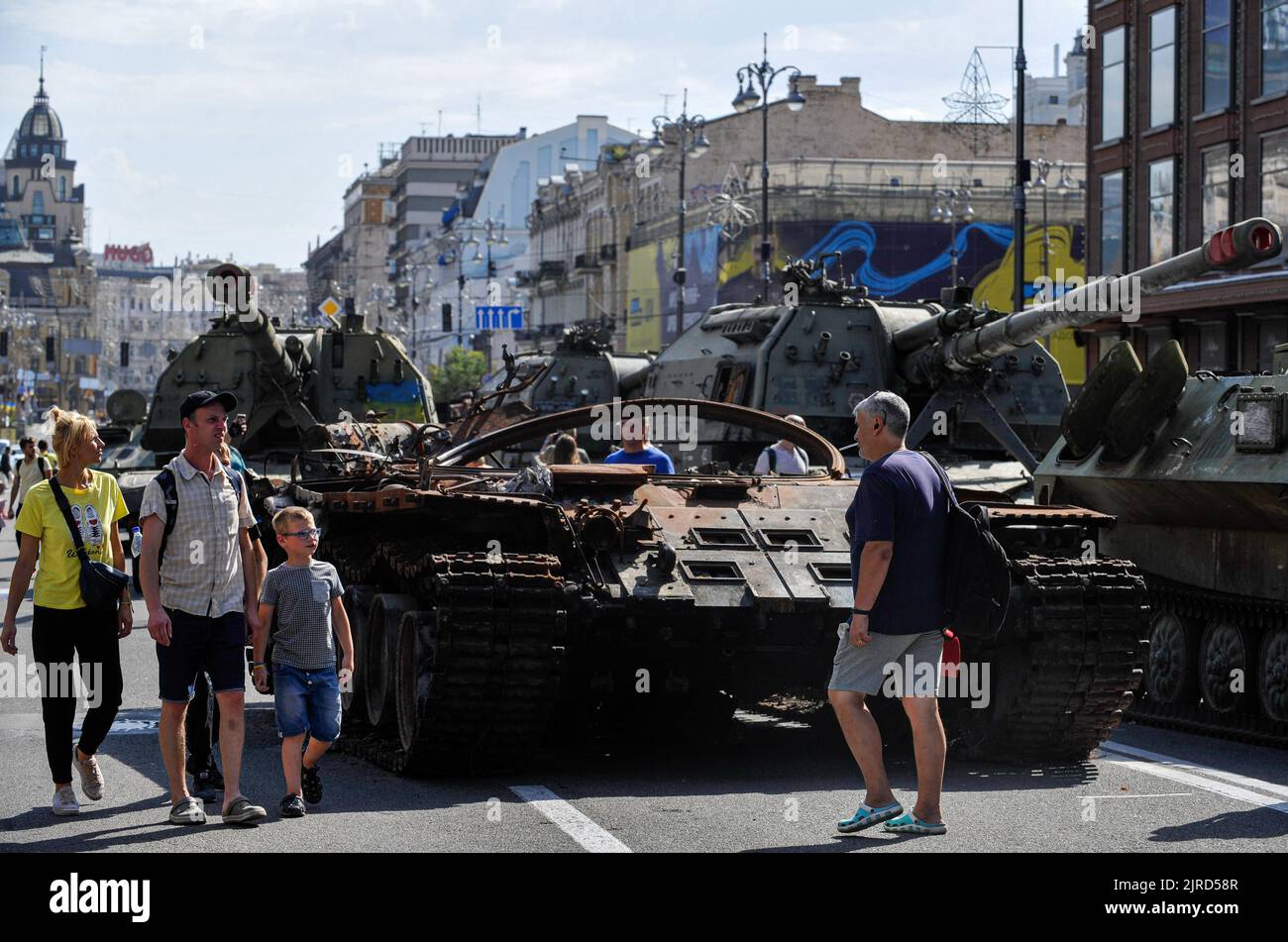 People inspect the destroyed Russian army equipment displayed at ...