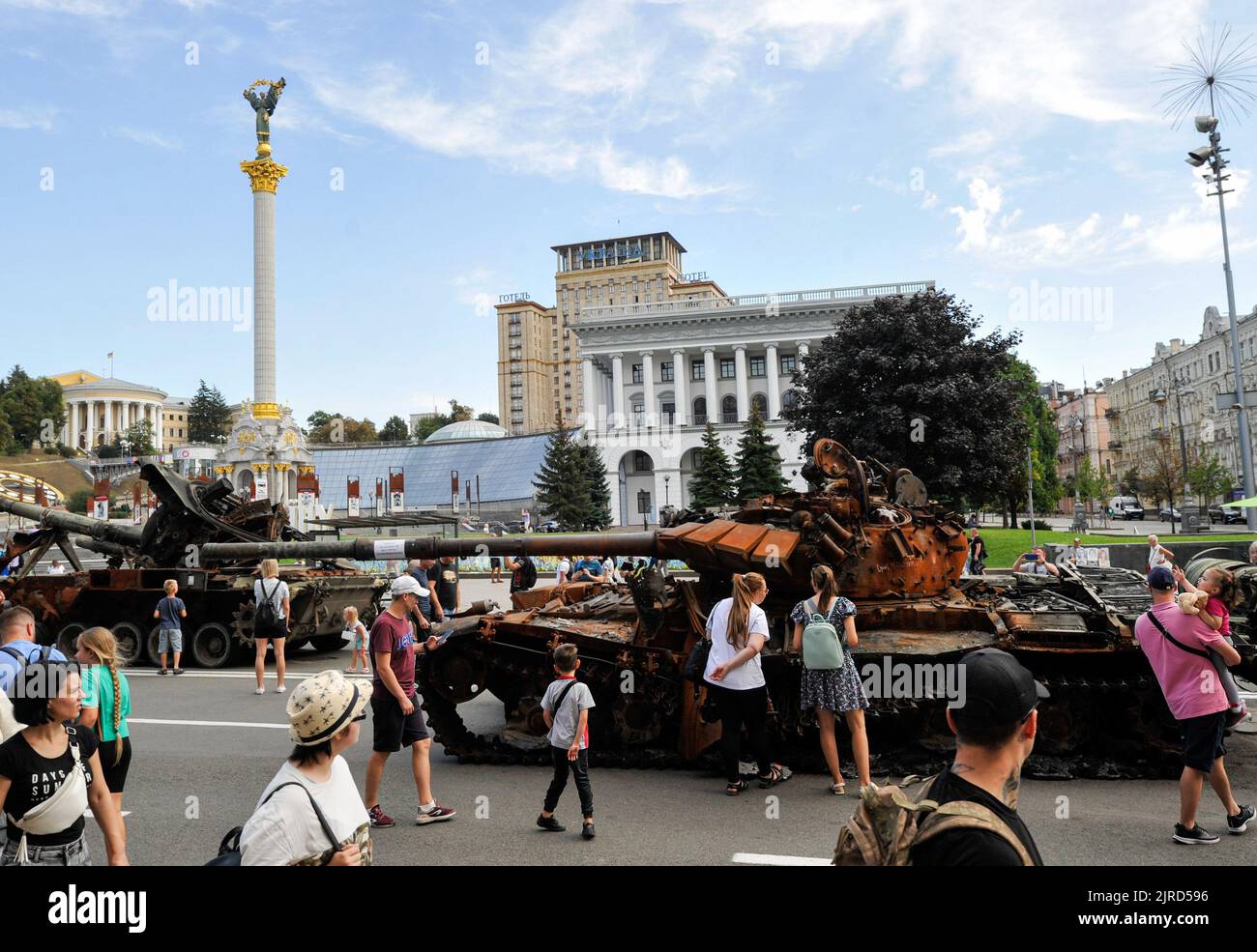 People inspect the destroyed Russian army equipment displayed at ...