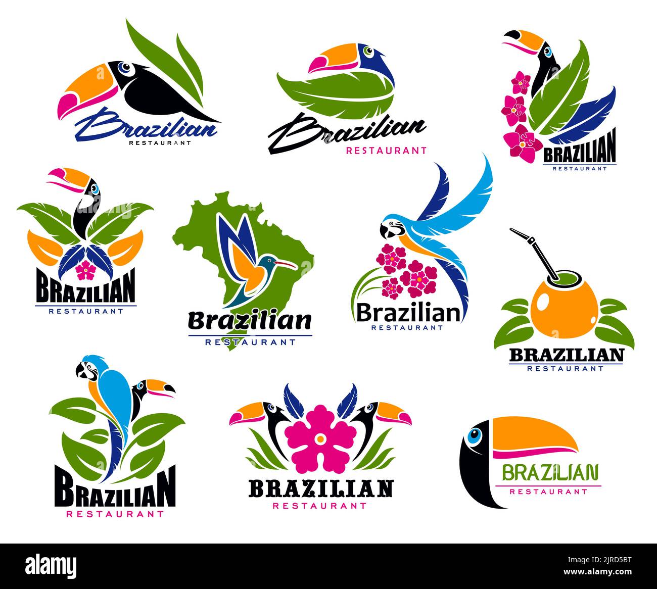 Brazilian cuisine icons of toucans, parrots, mate tea and feathers ...
