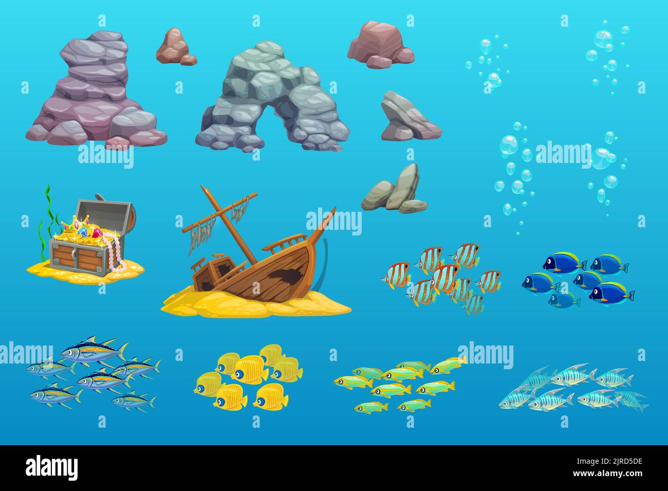 Underwater game asset. Cartoon ship, arch, stone, fish, bubbles ...
