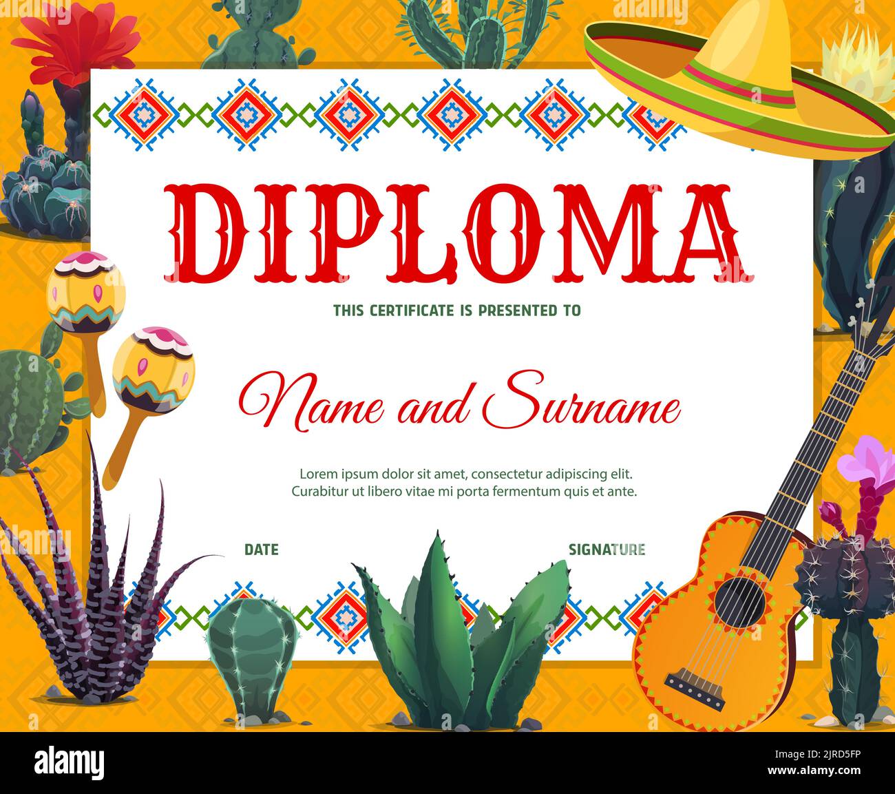 Kids diploma of best cowboy with mexican sombrero, maracas and cactus ...