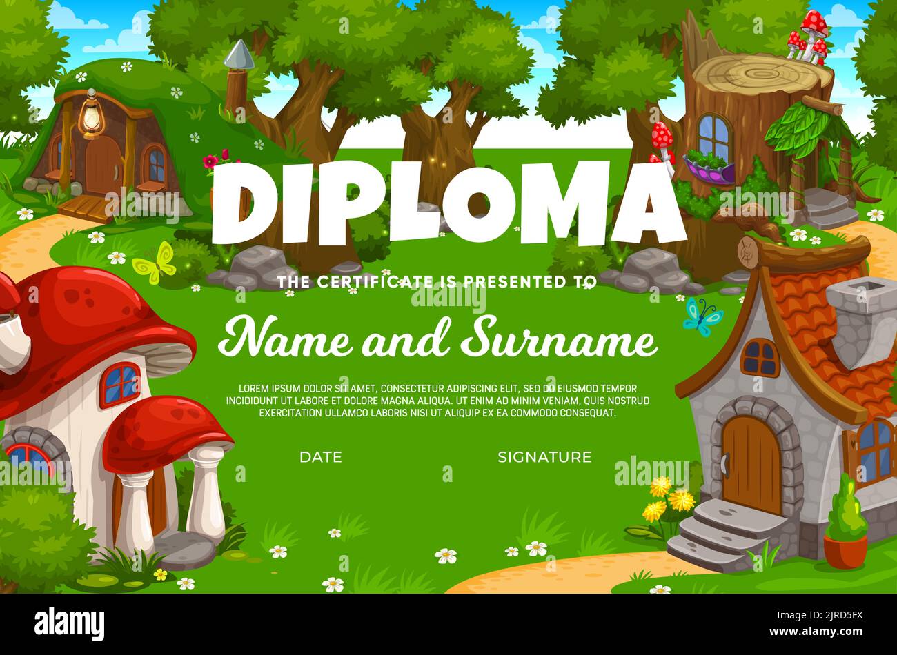 Kids diploma cartoon stone, mushroom and stump fairy houses or ...