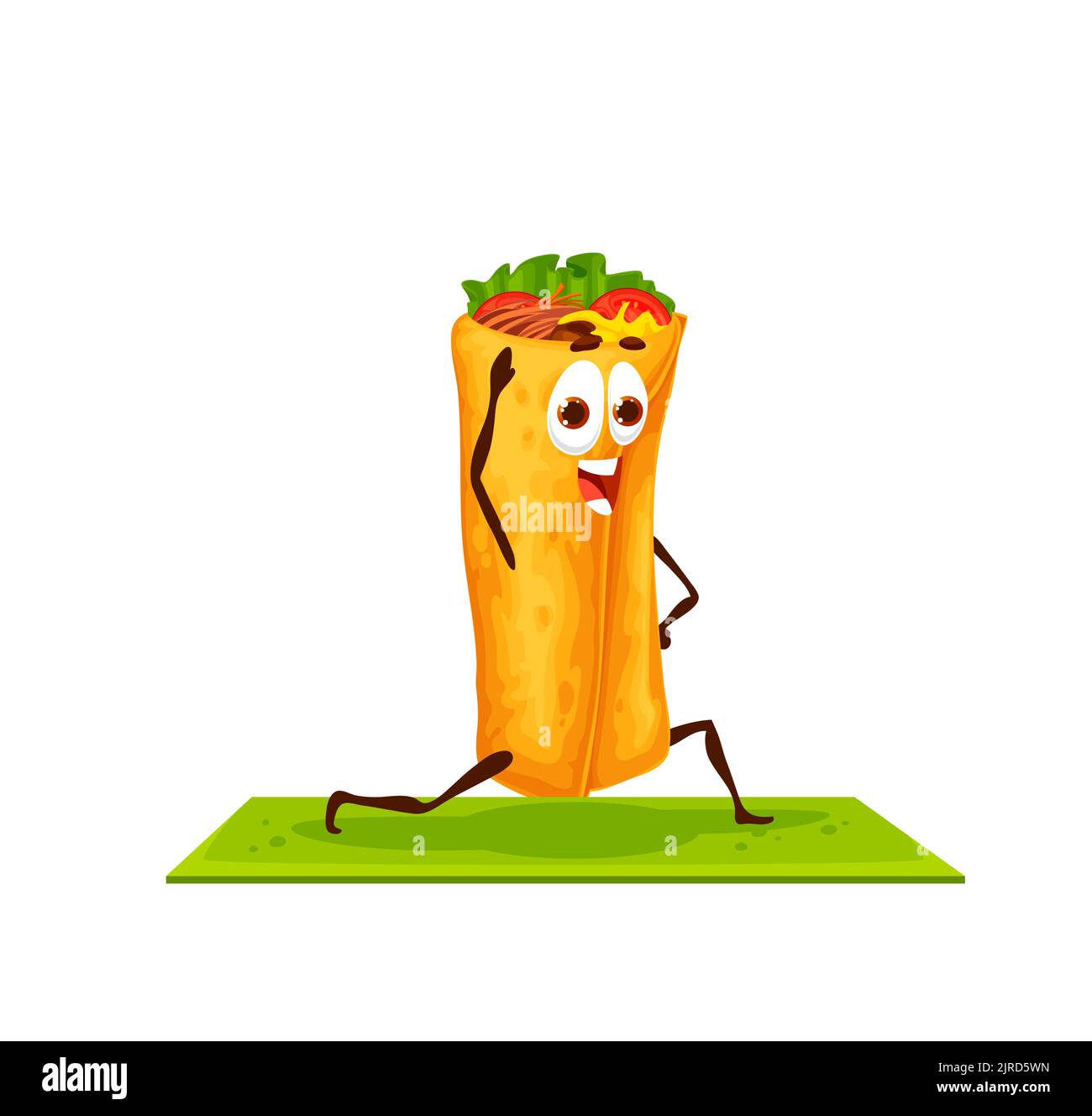 Cartoon mexican burrito character on yoga fitness. Fast food restaurant ...