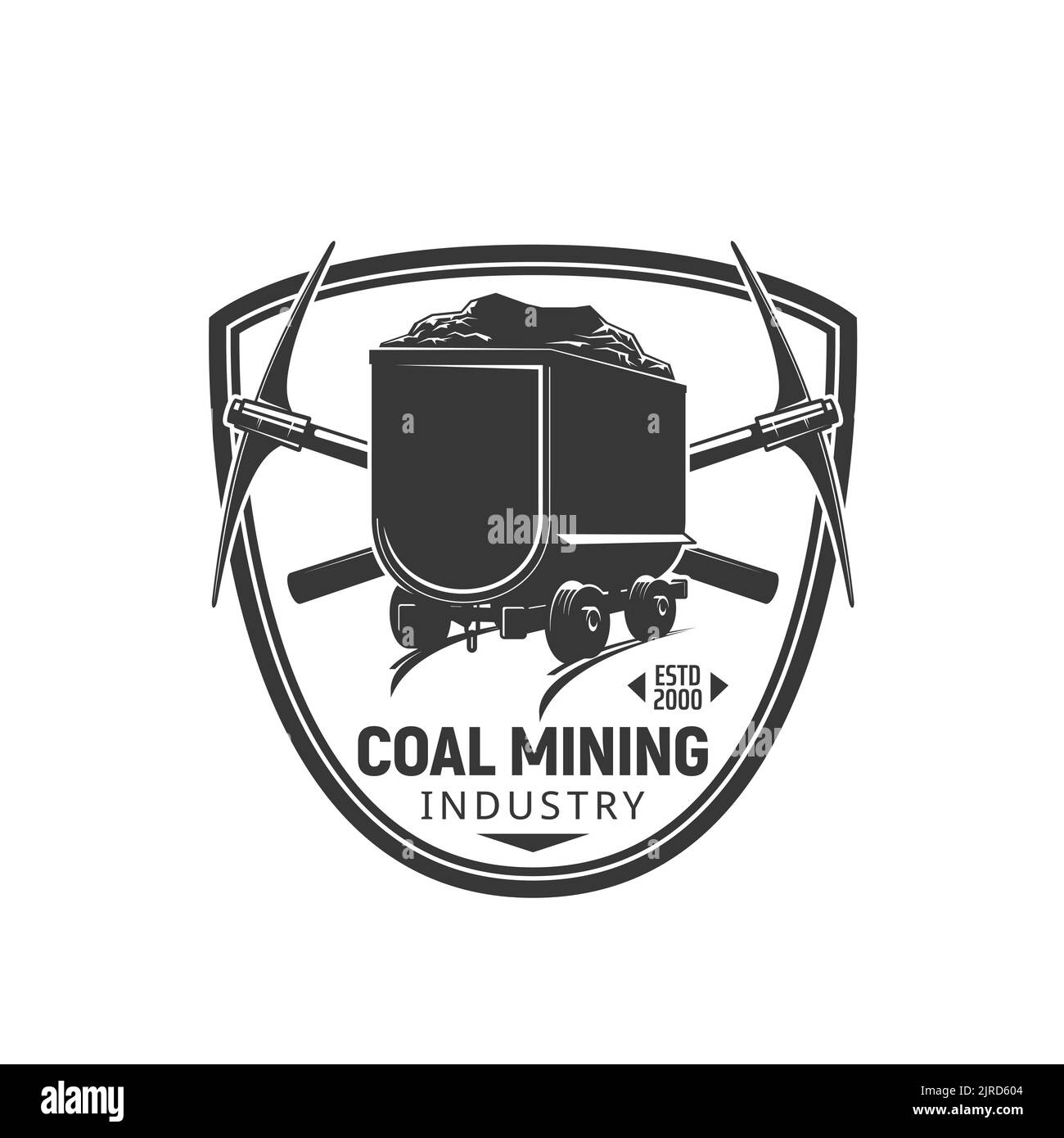 Coal mining trolley and crossed picks badge. Mining industry equipment ...