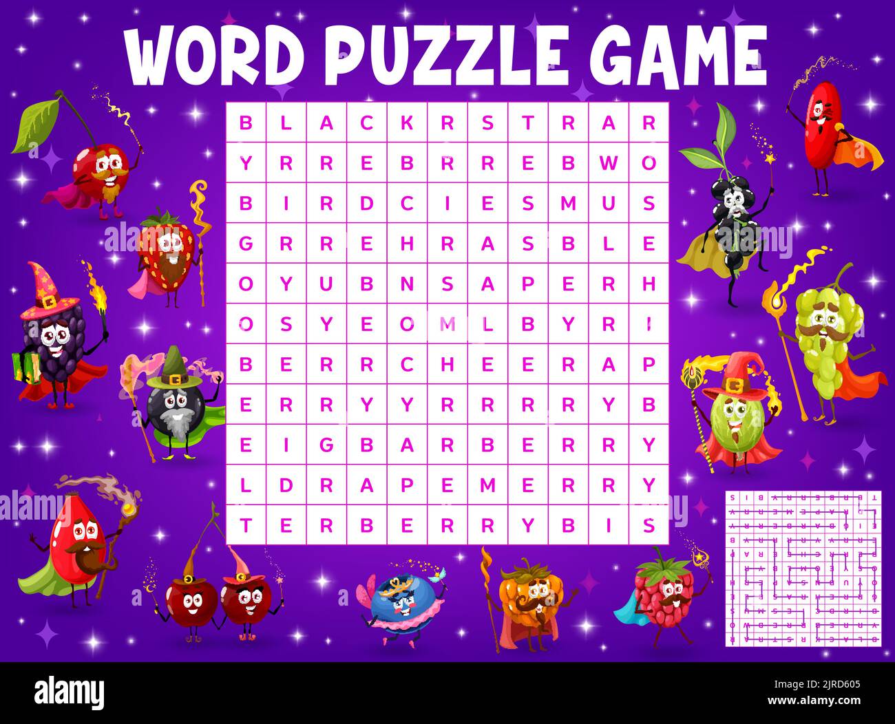 Cartoon funny berry magician and wizard characters word search puzzle ...