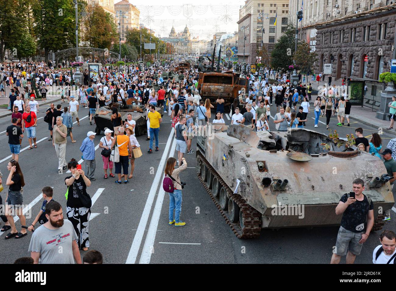 People inspect the destroyed Russian army equipment displayed at ...