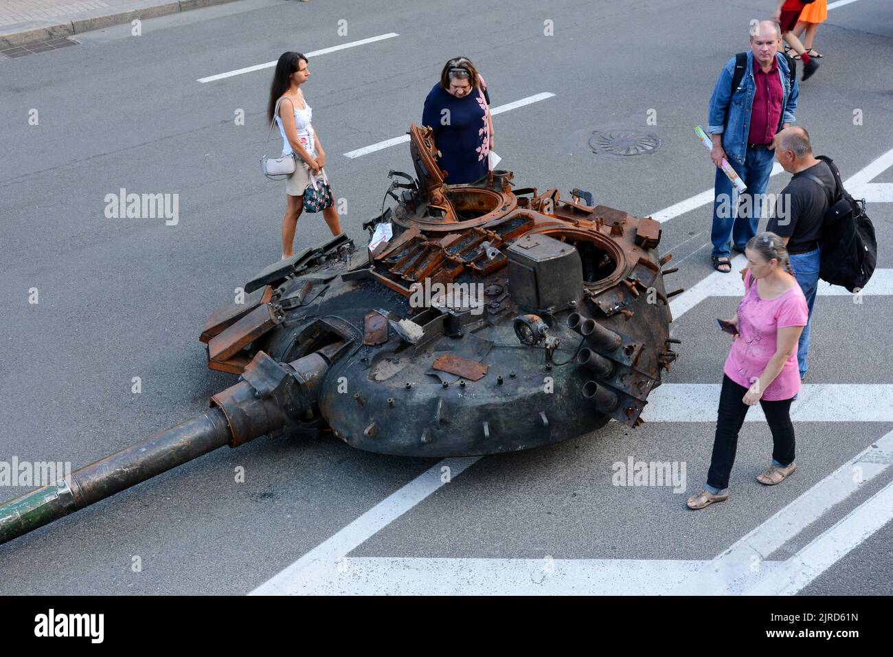 People inspect the destroyed Russian army equipment displayed at ...
