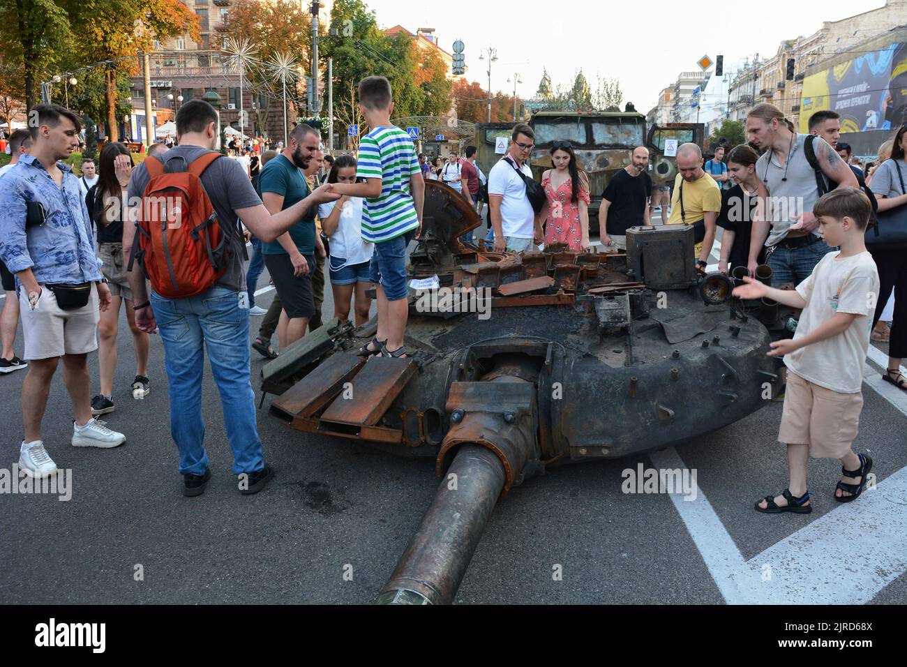 People inspect the destroyed Russian army equipment displayed at ...