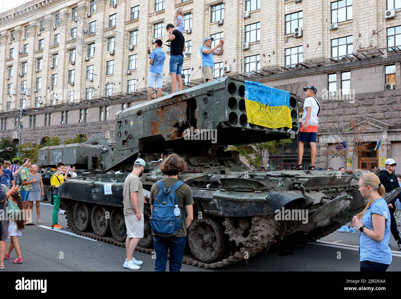 People inspect the destroyed Russian army equipment displayed at ...