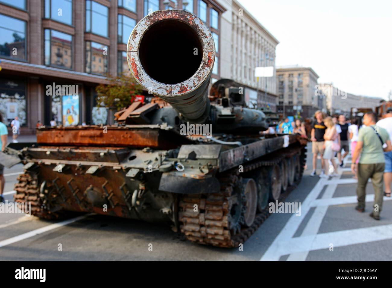 People inspect the destroyed Russian army equipment displayed at ...