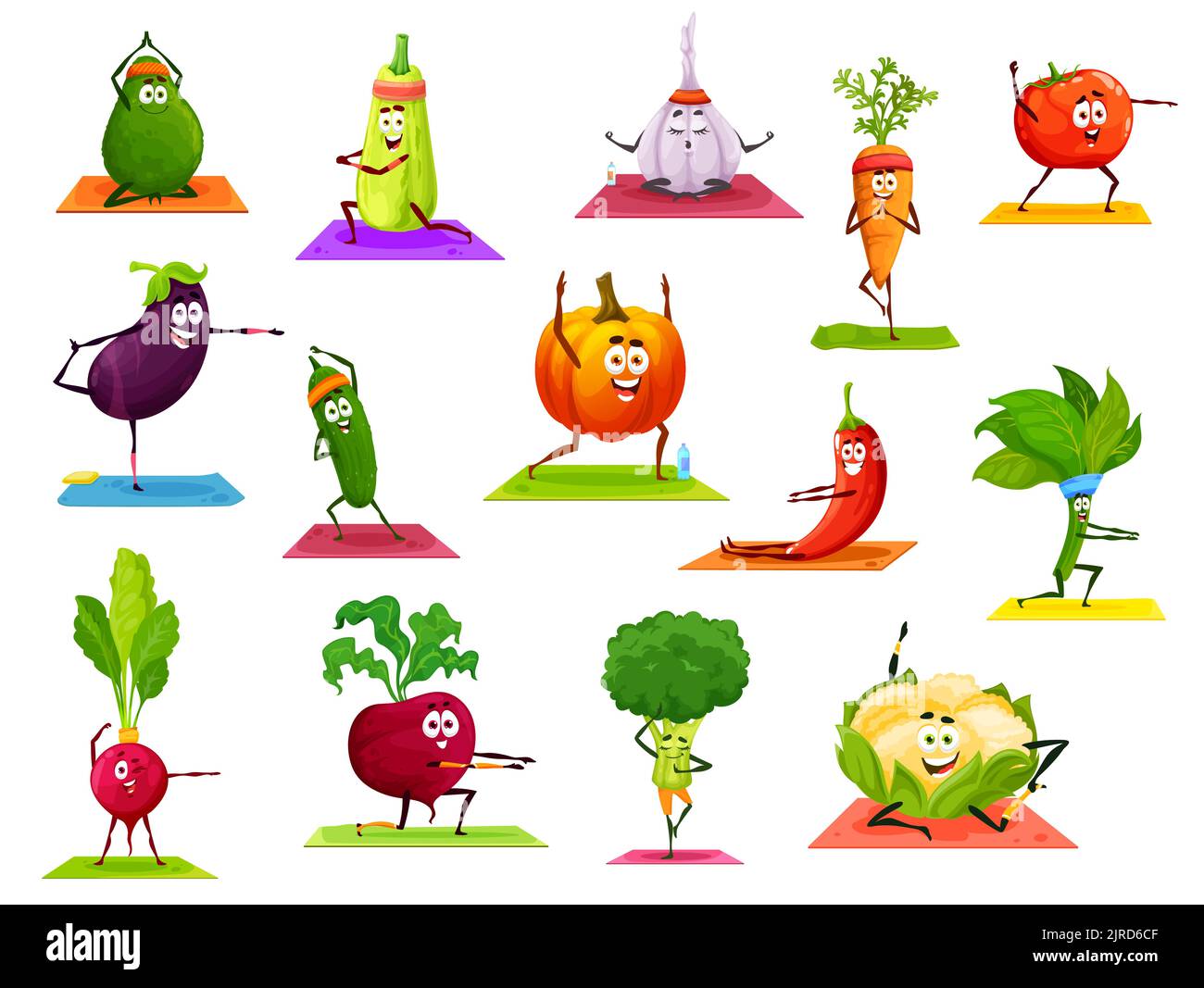 Cartoon isolated vegetable characters. Yoga and pilates fitness sport ...