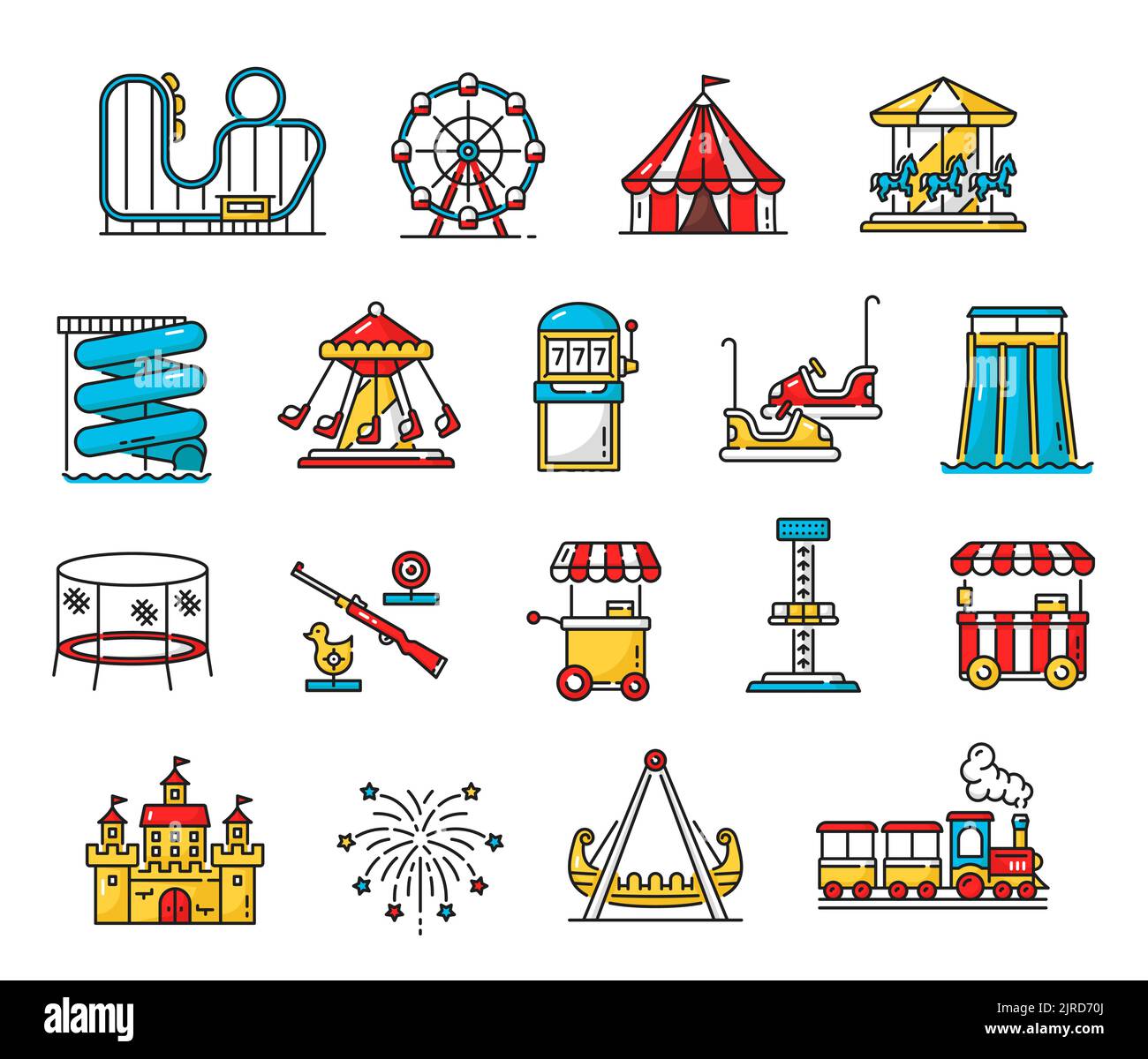 Amusement park, playground and funfair color outline icons with ...