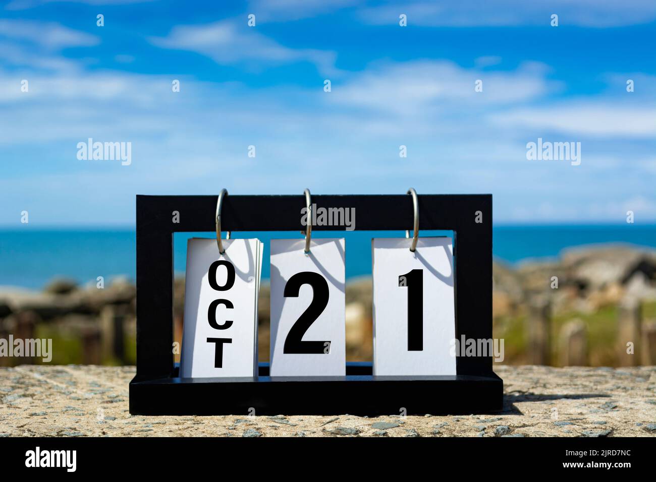 Oct 21 calendar date text on wooden frame with blurred background of ...