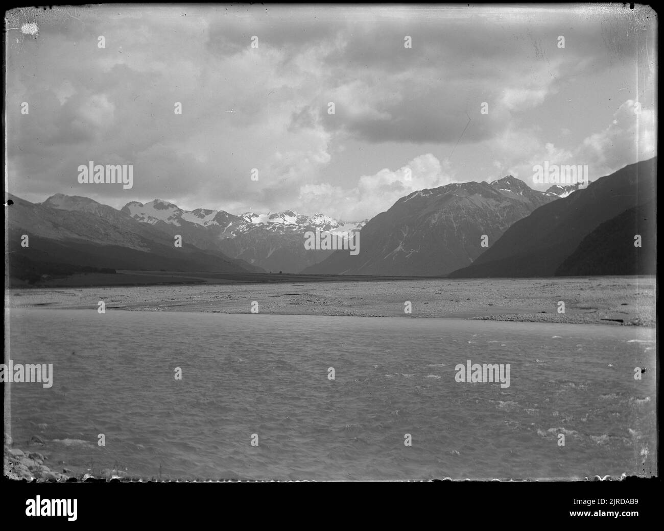 View up the Waimakariri River to the Main Divide of the Southern Alps ...