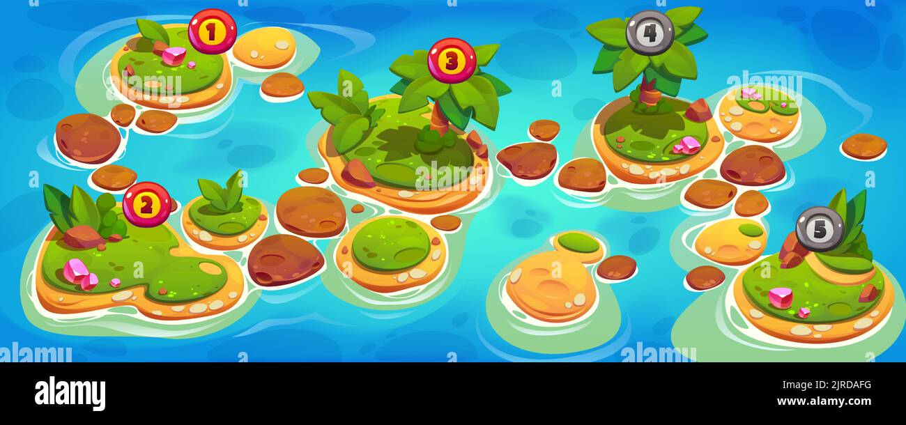 Game level map with tropical islands in sea. Game interface background ...