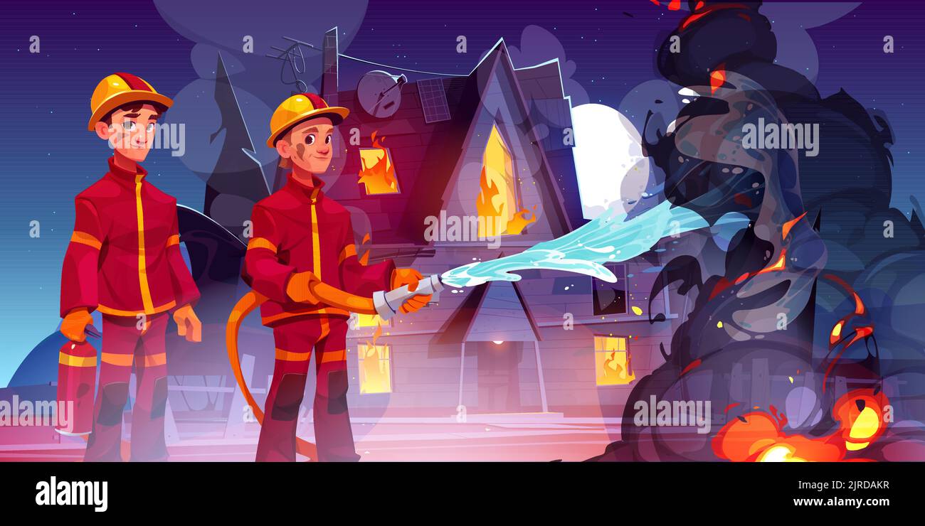 Firemen team extinguish fire in burning house. Brave rescuers wearing ...