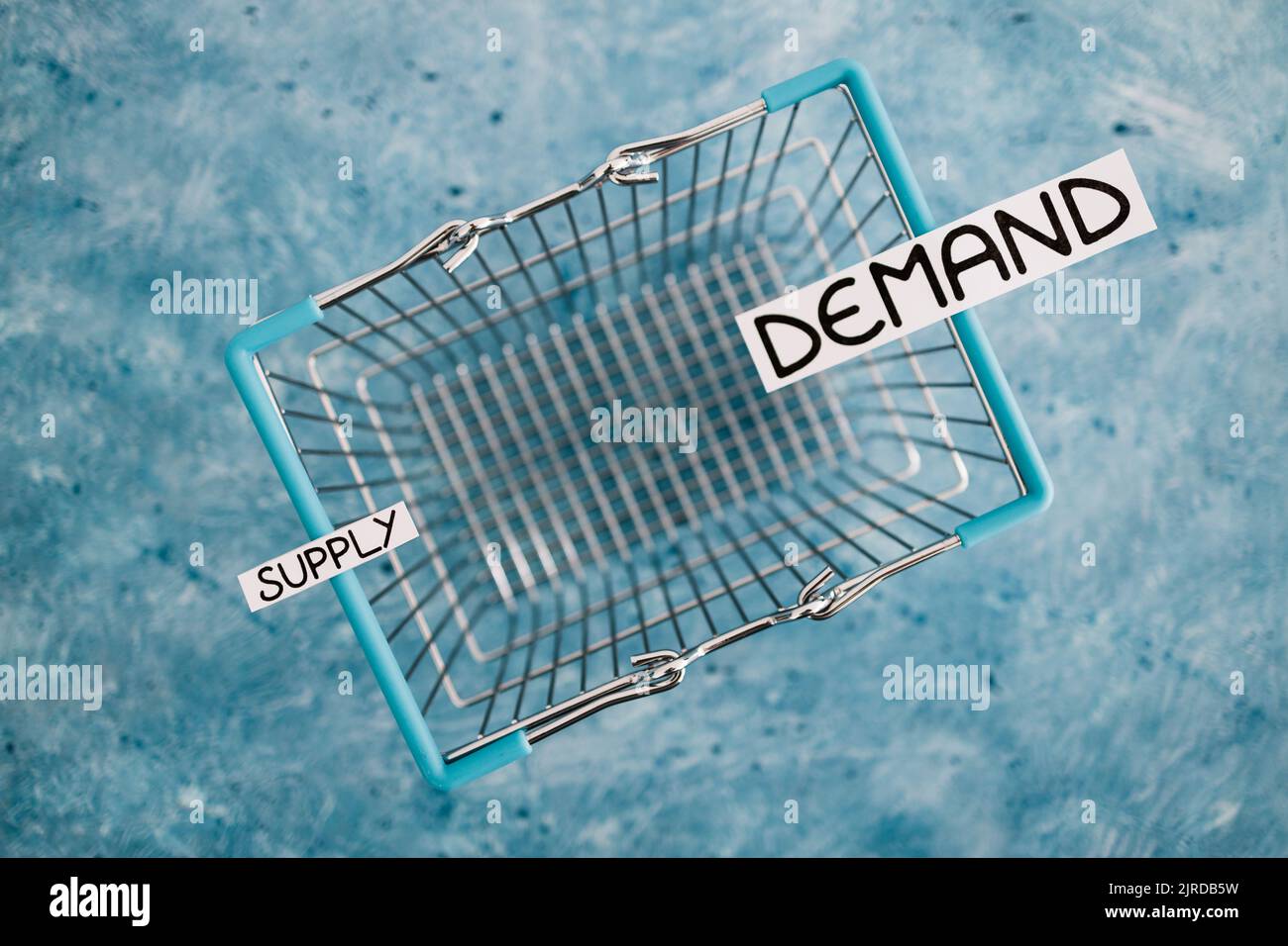 small Supply text and big Demand text on top of empty shopping basket ...