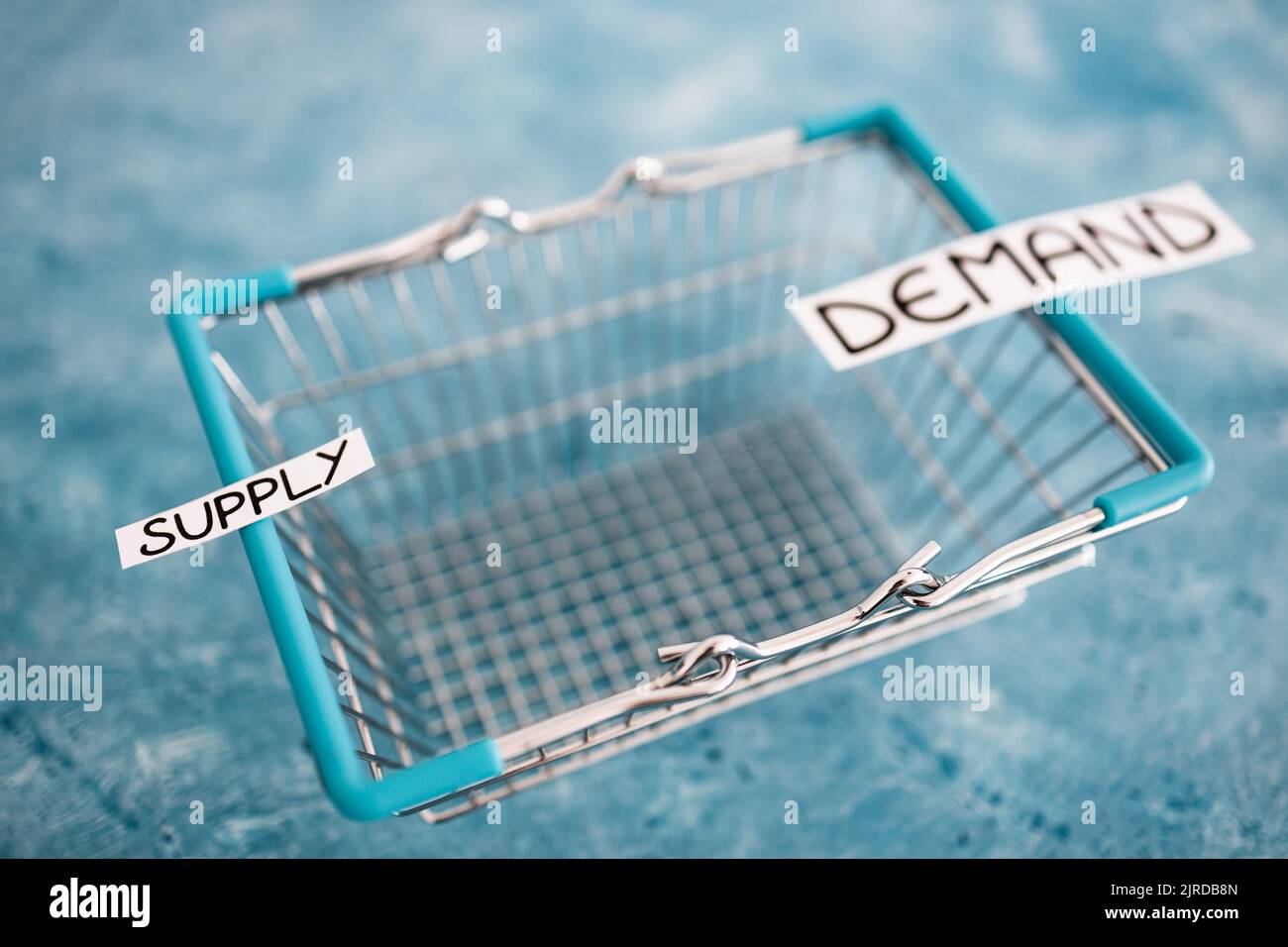 small Supply text and big Demand text on top of empty shopping basket ...
