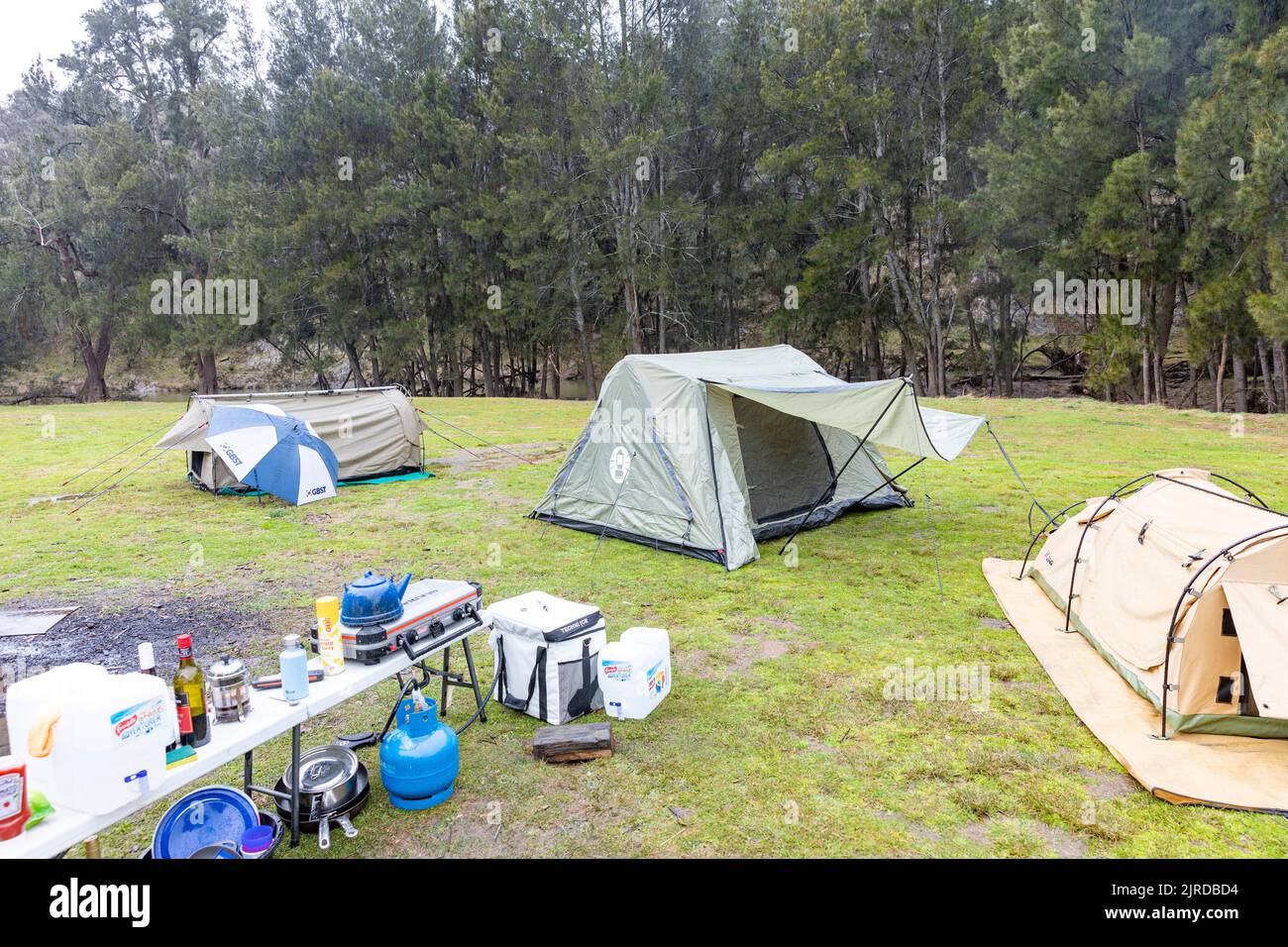 Australian camp site with tents including swag, Bummaroo Ford ...