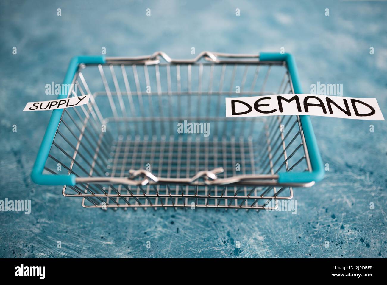 small Supply text and big Demand text on top of empty shopping basket ...