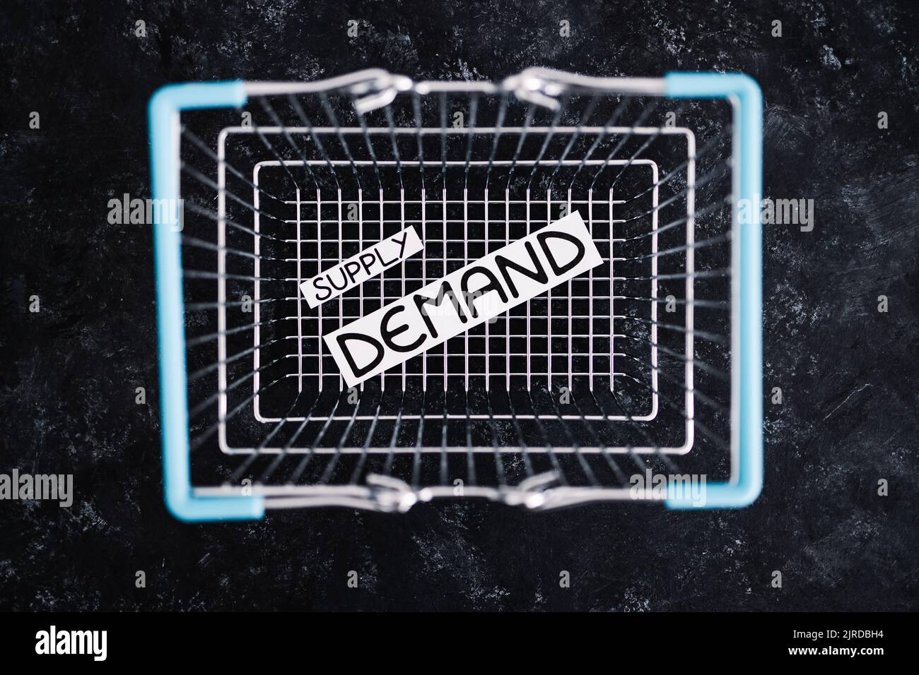 small Supply text and big Demand text inside of empty shopping basket ...