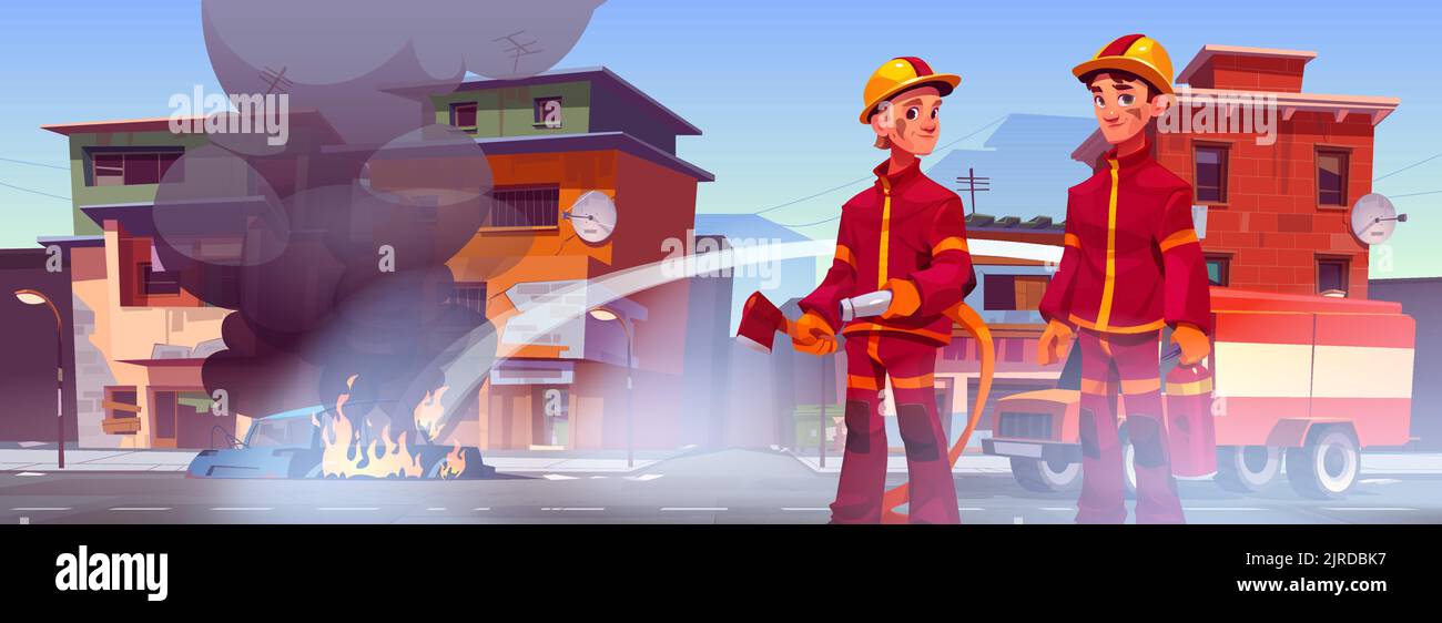 Firefighters extinguish burning car on city street. Truck fight with ...