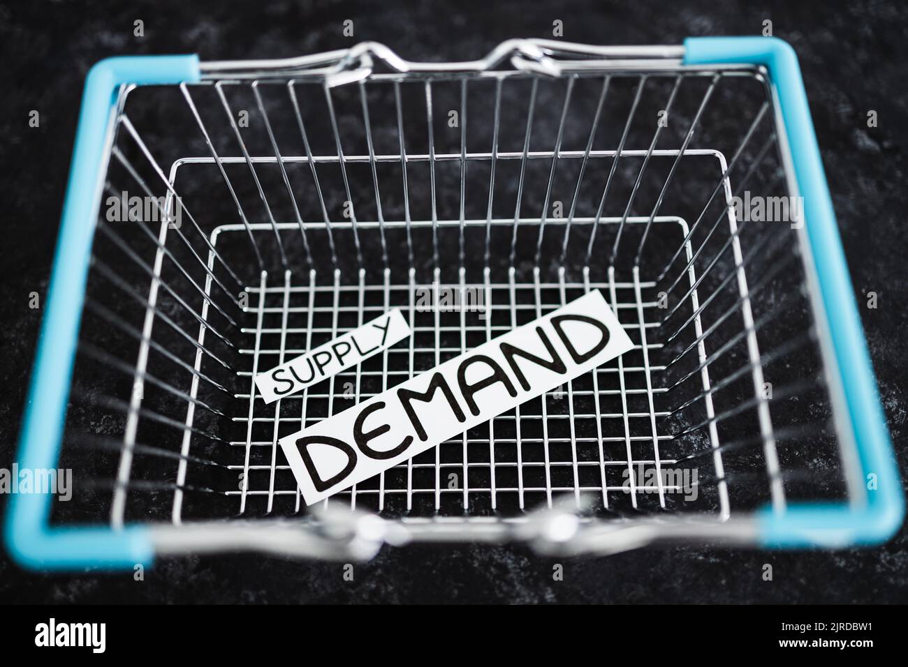 small Supply text and big Demand text inside of empty shopping basket ...