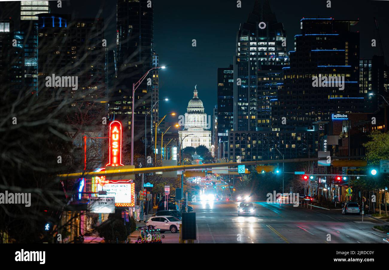A cityscape view of the night time Downtown Austin as viewed from South ...