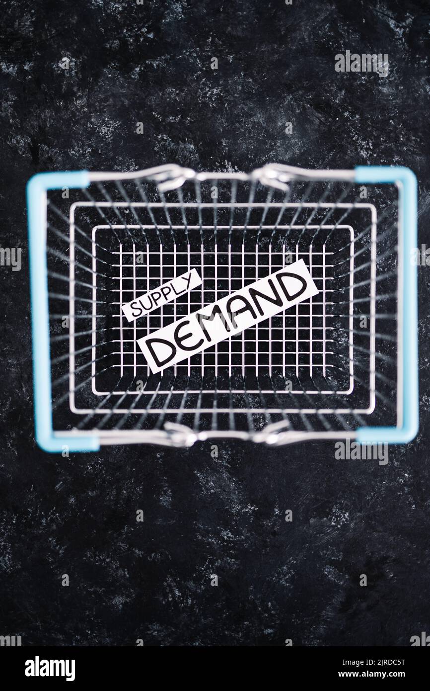 small Supply text and big Demand text inside of empty shopping basket ...