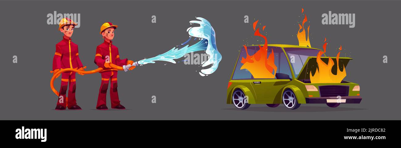 Cartoon firefighters with water hose and burning car isolated on grey ...