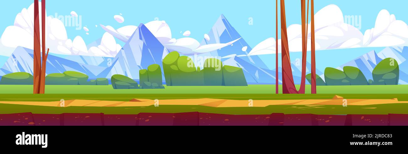 Game ground texture of summer landscape with green grass, trees, bushes ...