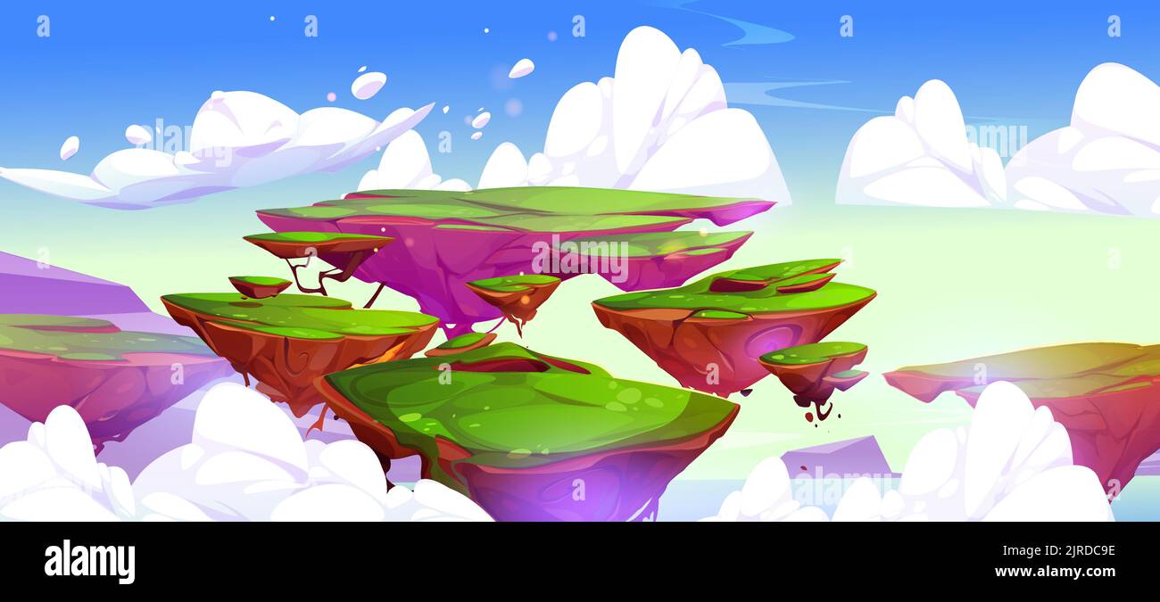 Green rocky flying islands cartoon fantasy game landscape. Floating ...