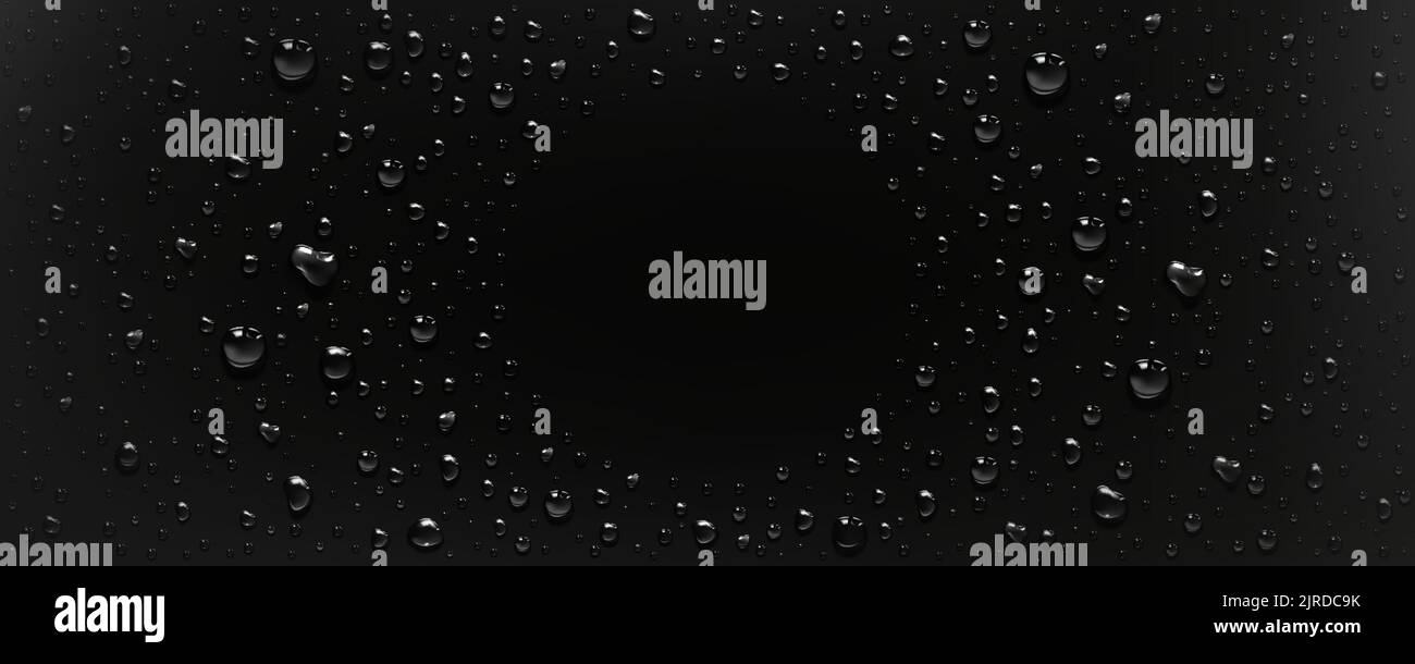 Water drops condensation, raindrops round frame on black background ...