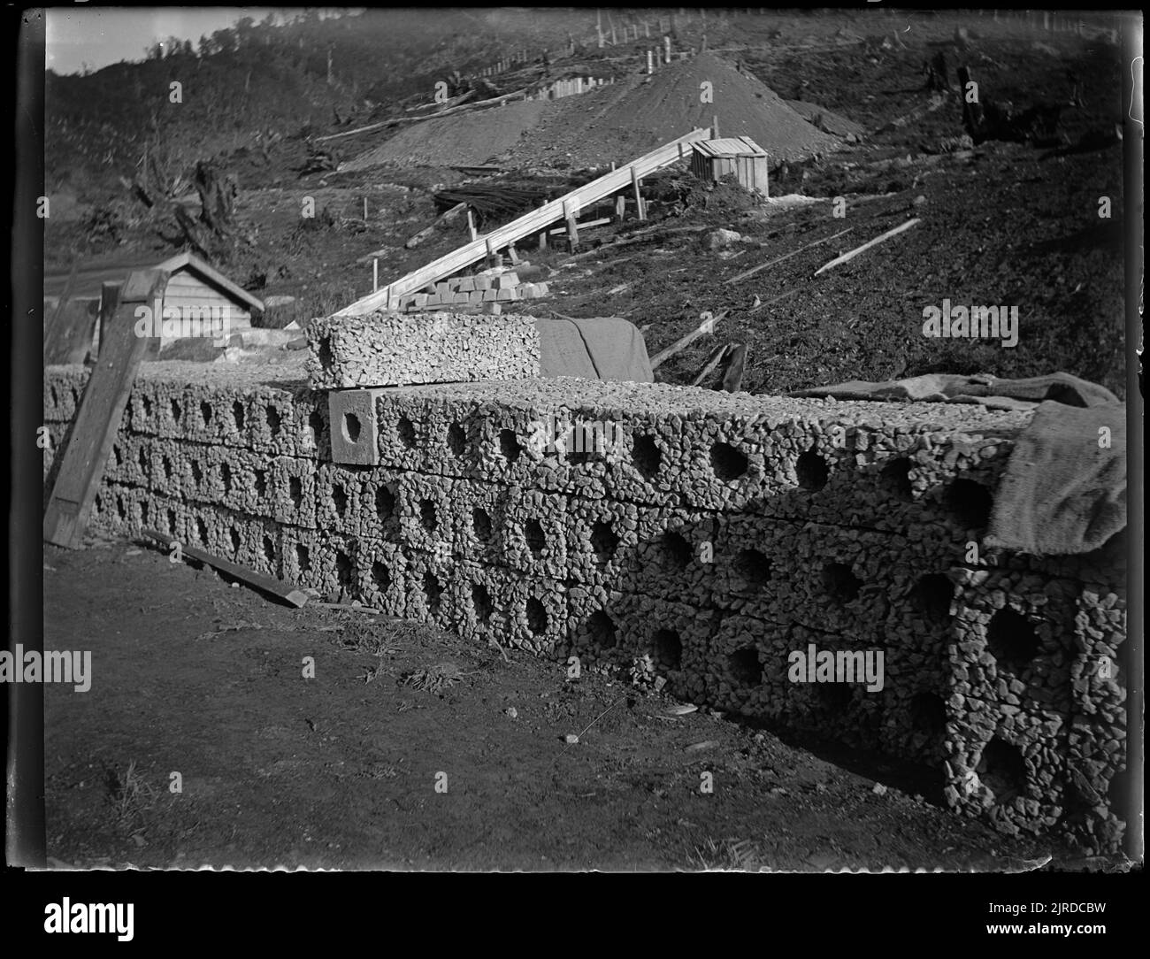 Porous pipes for foundation of Tokomaru Dam, 01 May 1923, by Leslie ...