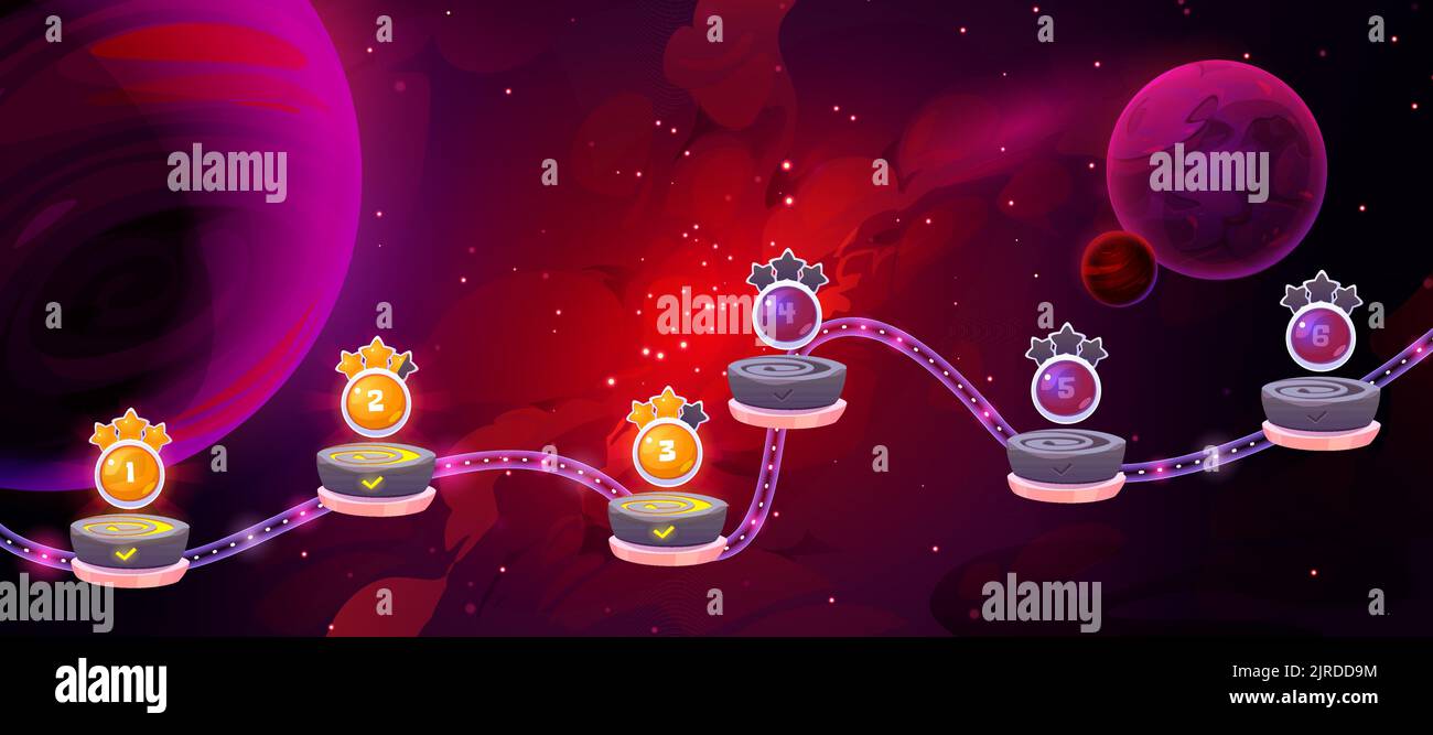Space game level map with futuristic cosmos background, flying platforms with numbers of stages ...