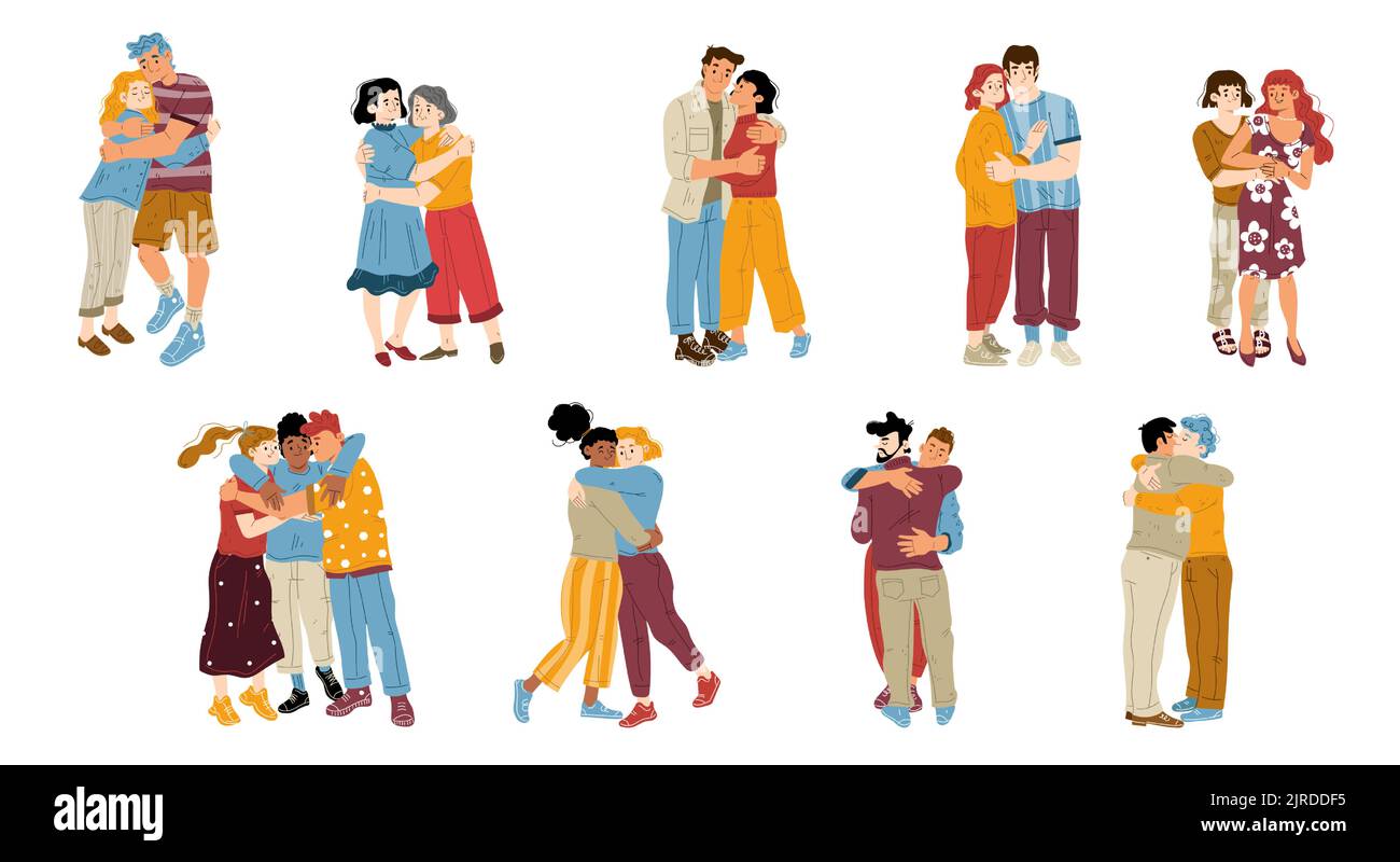 Happy people hug together. Concept of friendship, love, positive ...