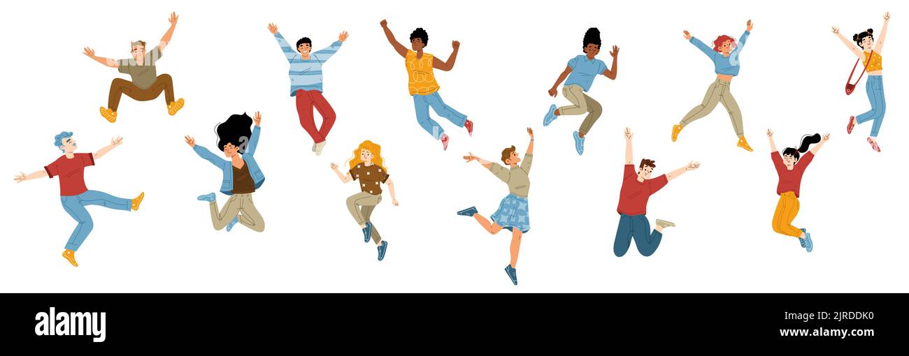 Happy people jumping set isolated on white background. Successful ...