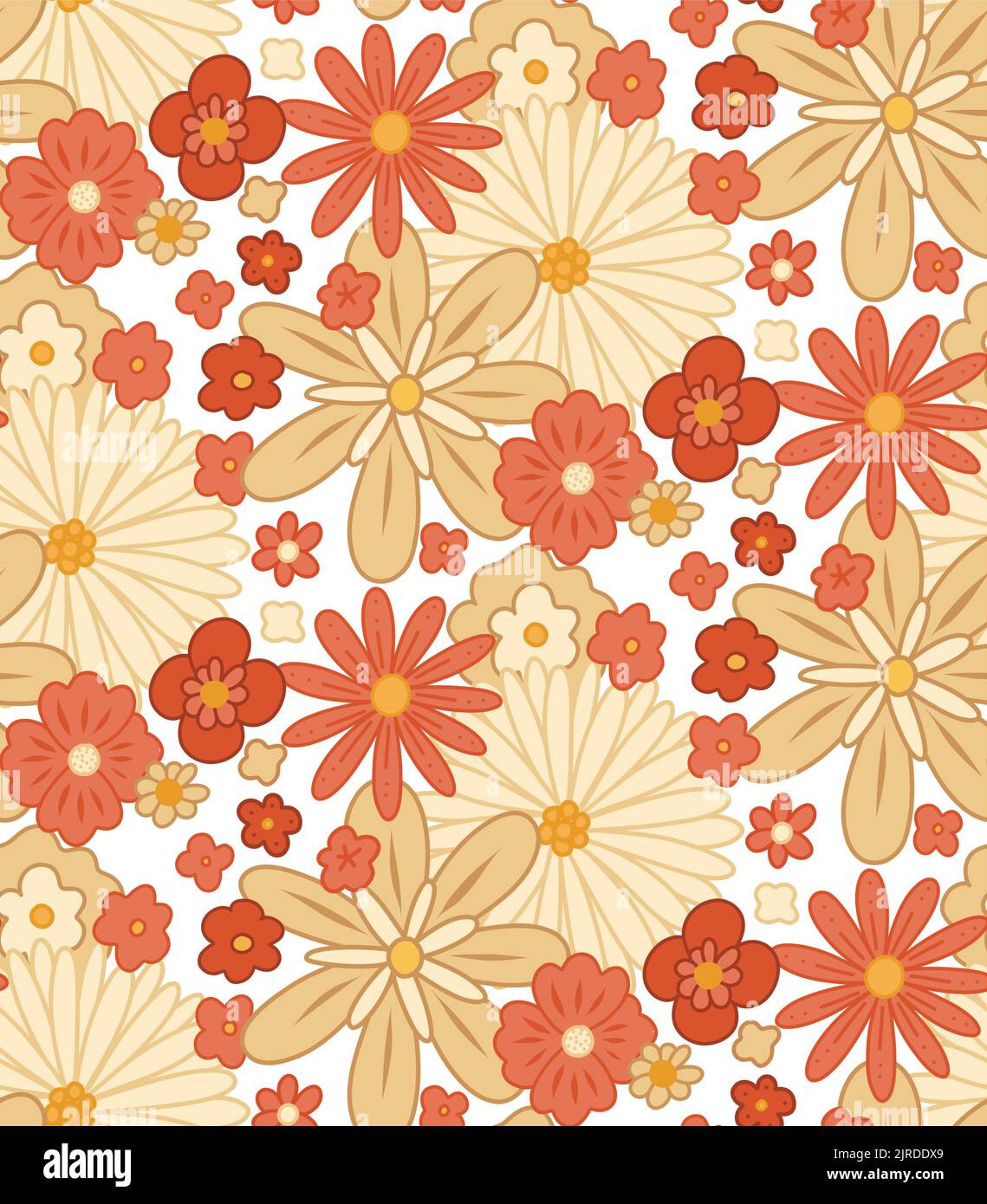 Vector seamless retro pattern with dense groovy flowers. Ditsy hippie ...