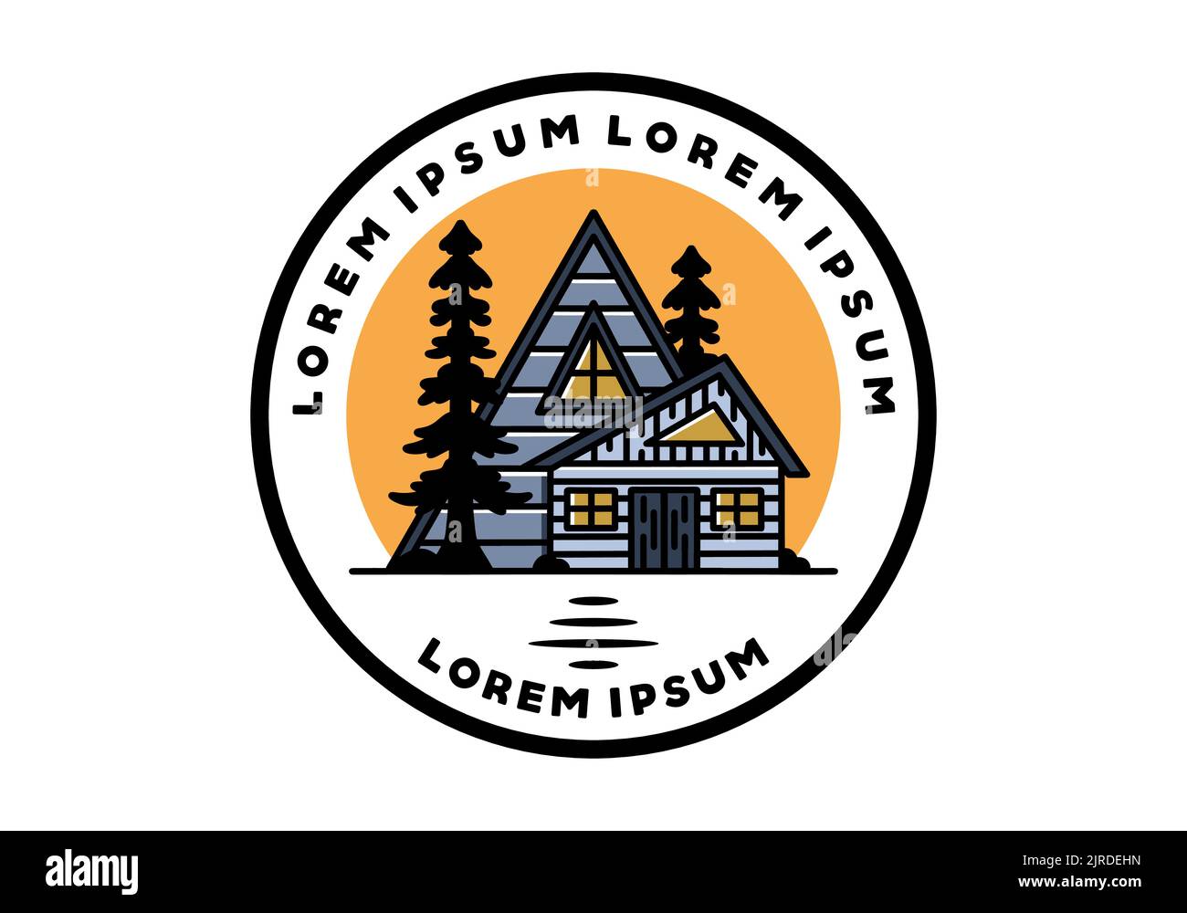 Illustration badge design of an aesthetic wood house between two pine ...