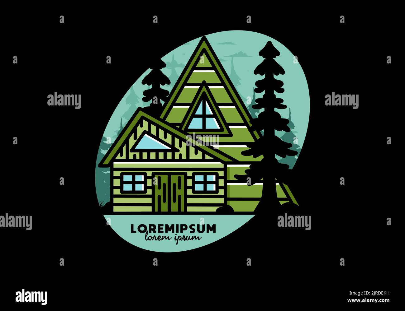 Illustration badge design of an aesthetic wood house between two pine ...