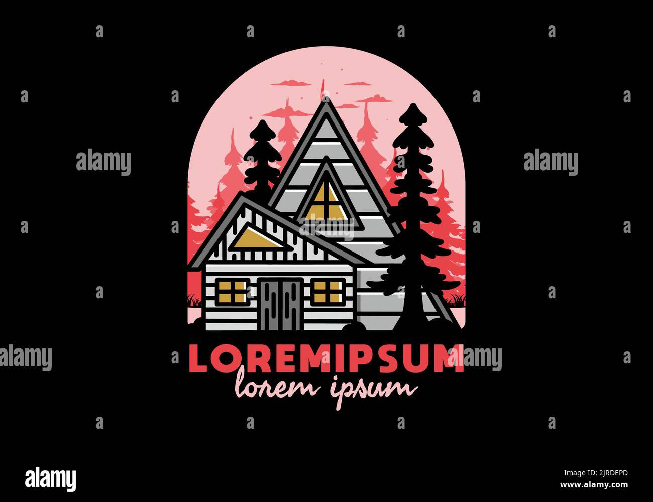 Illustration badge design of an aesthetic wood house between two pine ...