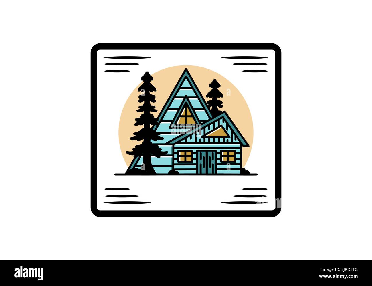 Illustration badge design of an aesthetic wood house between two pine ...