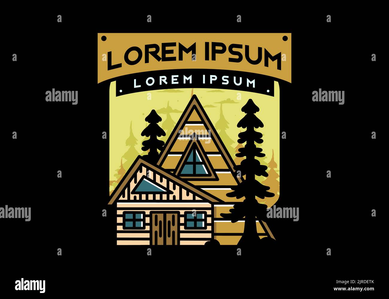 Illustration badge design of an aesthetic wood house between two pine ...