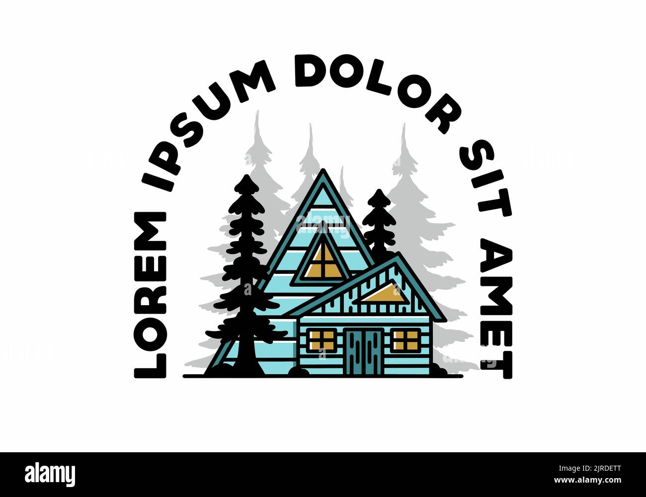 Illustration badge design of an aesthetic wood house between two pine ...