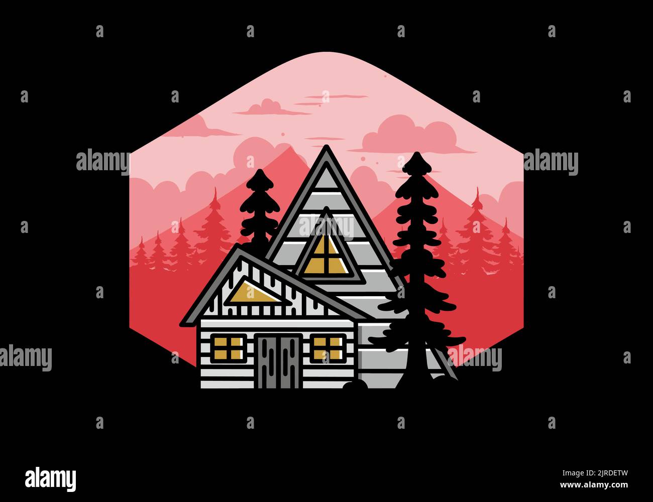 Illustration badge design of an aesthetic wood house between two pine ...
