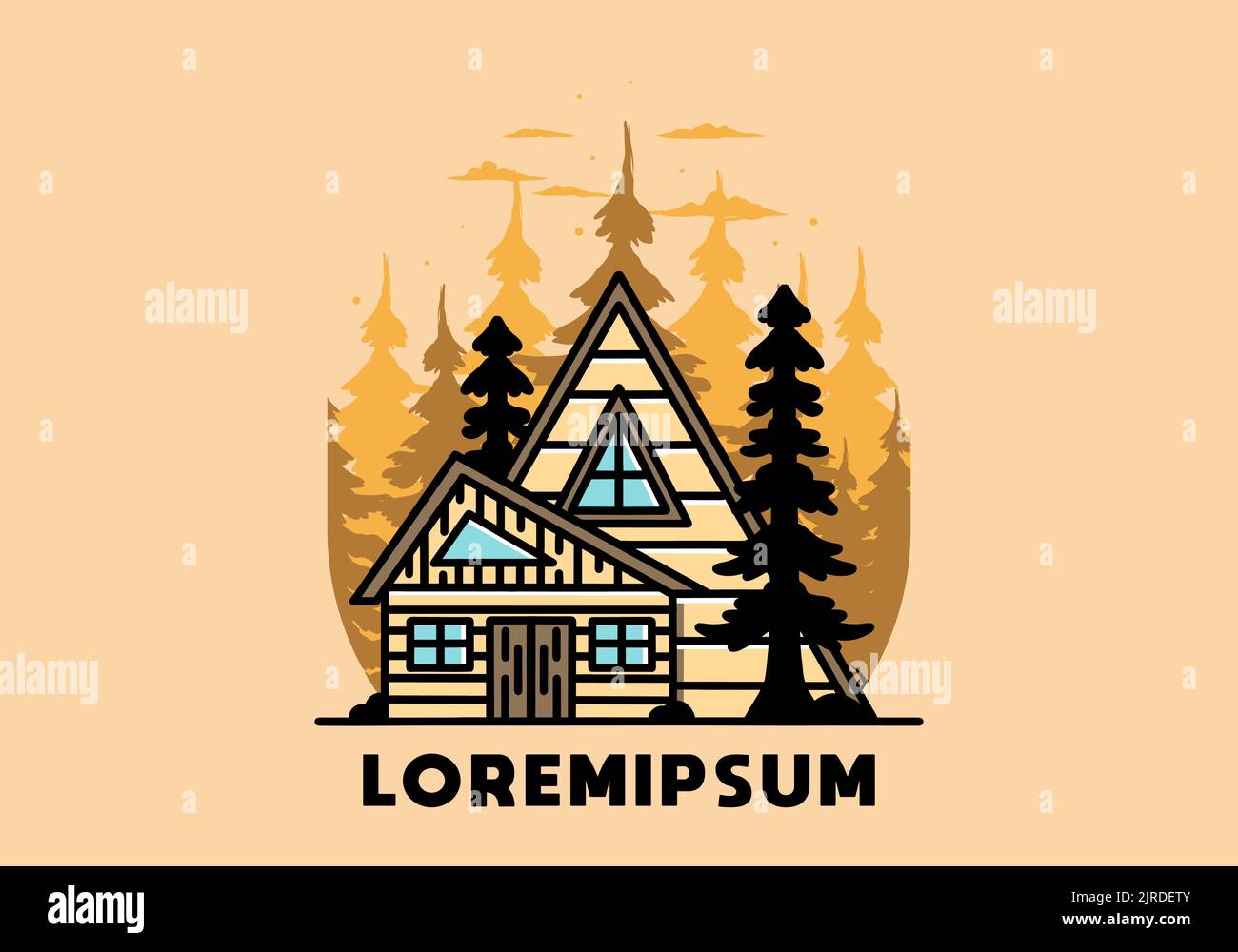 Illustration badge design of an aesthetic wood house between two pine ...