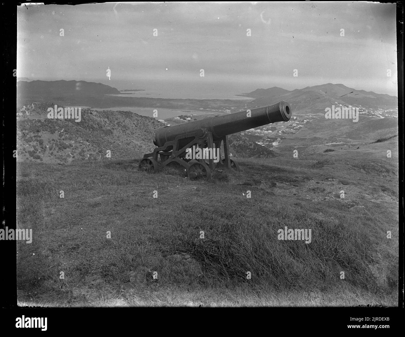 Cannon on hillside (possibly Mt Victoria cannon), New Zealand, by Fred ...
