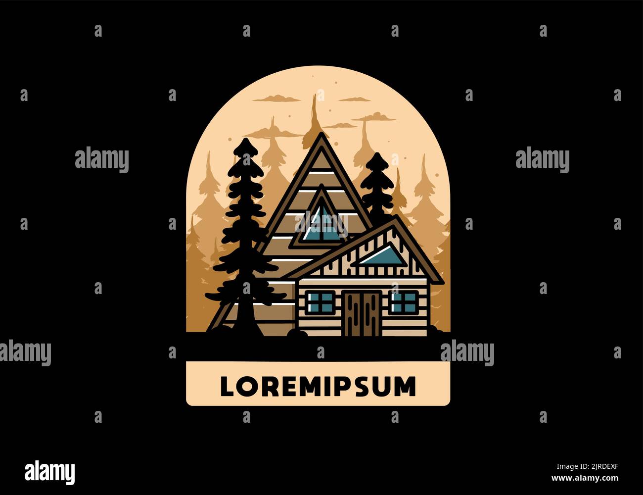 Illustration badge design of an aesthetic wood house between two pine ...
