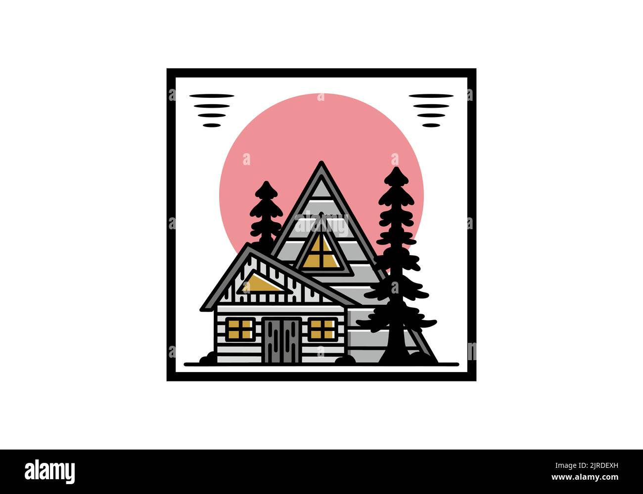 Illustration badge design of an aesthetic wood house between two pine ...